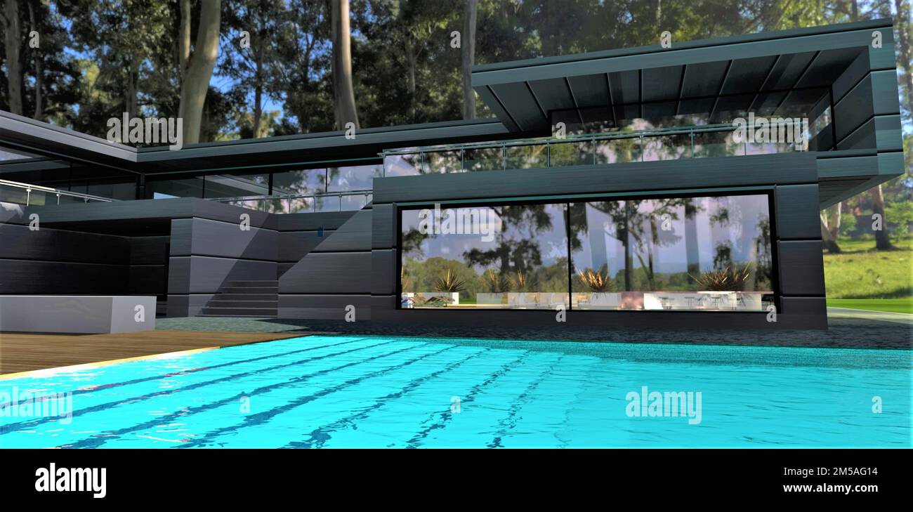 Design of a modern technological house in the tropical jungle. View ...