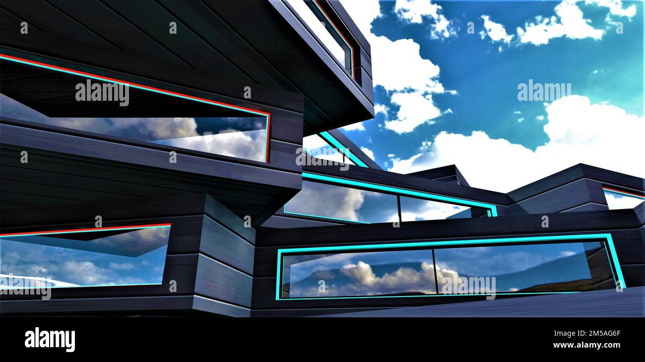 The building has an unusual shape. Several futuristic aluminum modular ...