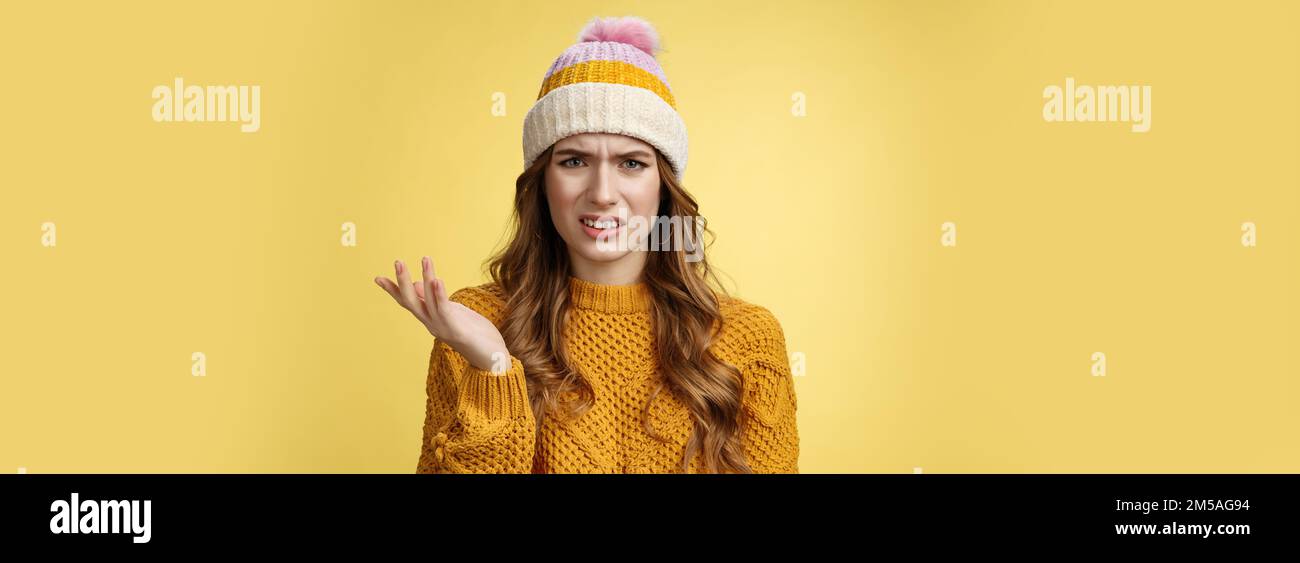 Pissed arrogant picky snobbish young woman cringing displeased aversion ...