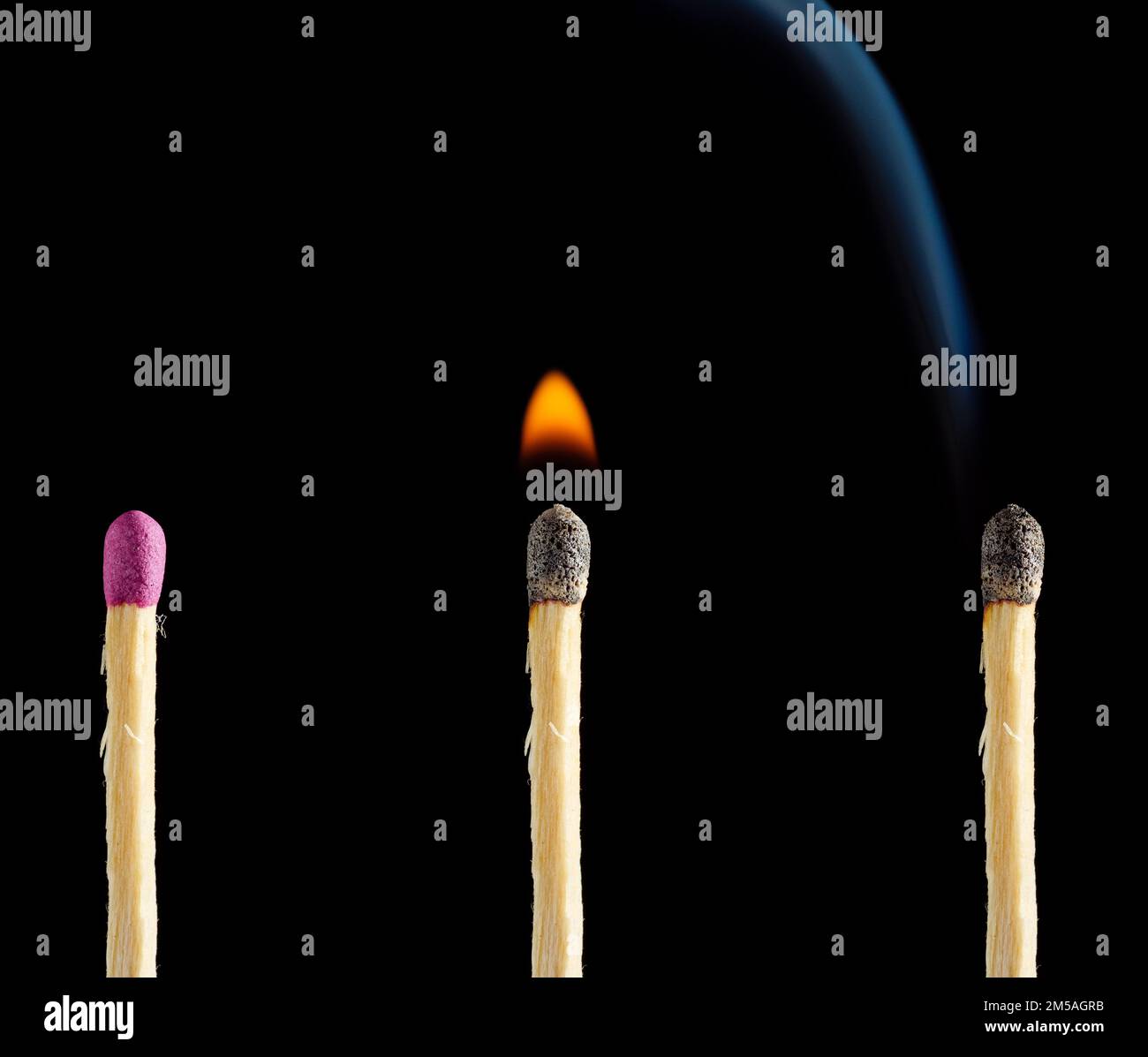 Set of whole, lit and extinguished matches isolated on black background ...