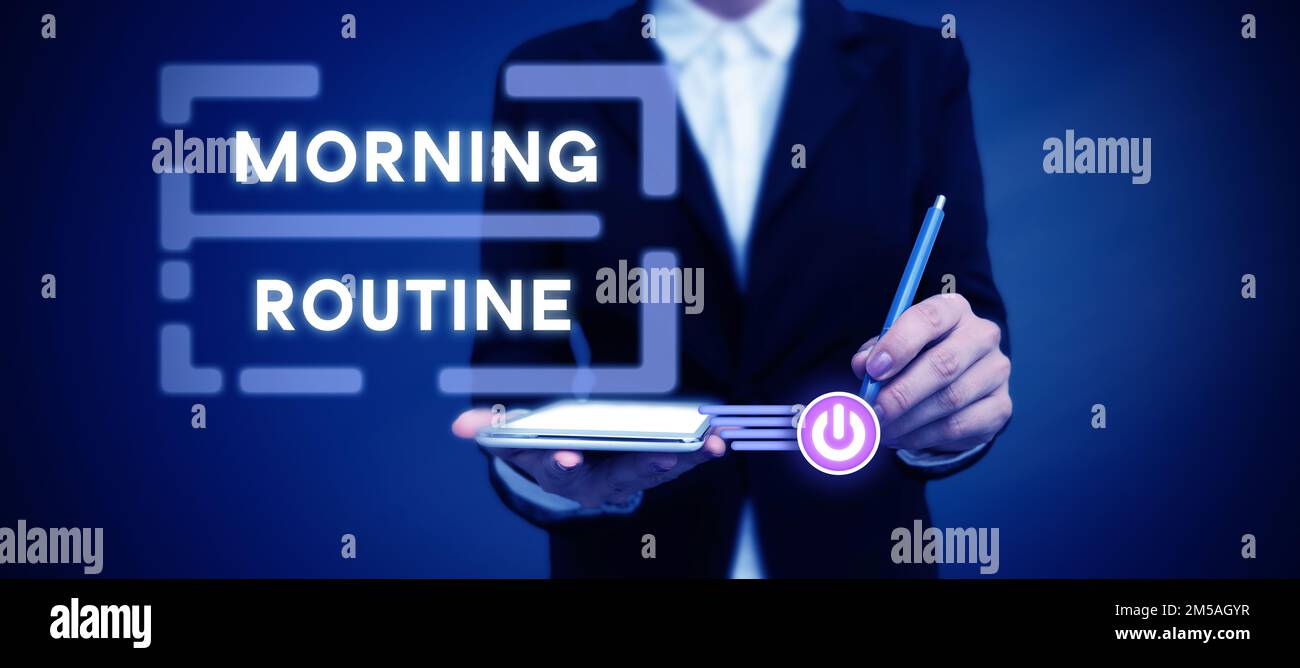Text caption presenting Morning Routine. Conceptual photo initiation of ...