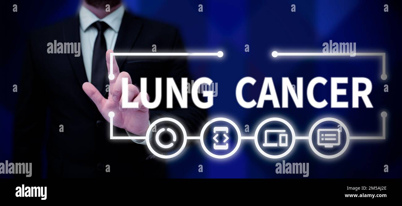 Hand writing sign Lung Cancer. Business concept Uncontrolled growth of ...