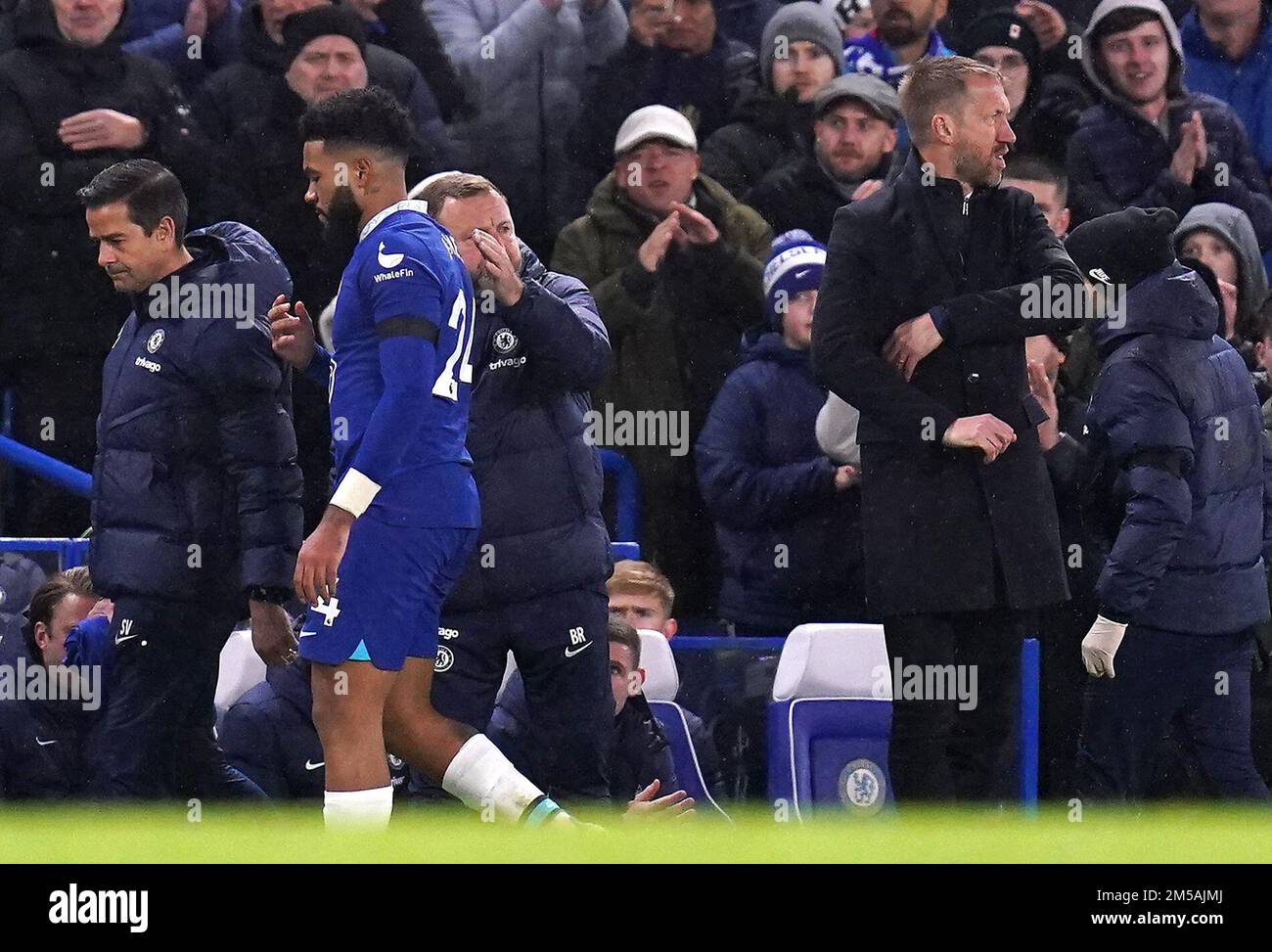 Chelsea's Reece James (left) looks frustrated after walking off the ...