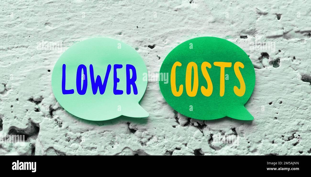 Sign displaying Lower Costs. Business overview the business sets low ...