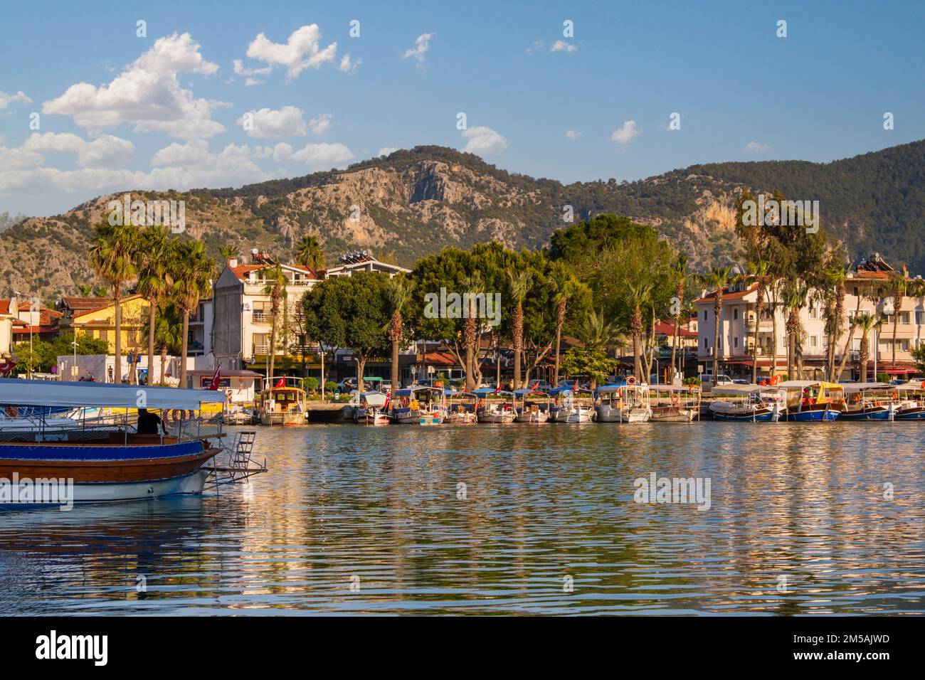 Touristic river boats with tourists in Dalyan resort, Turkey Stock ...
