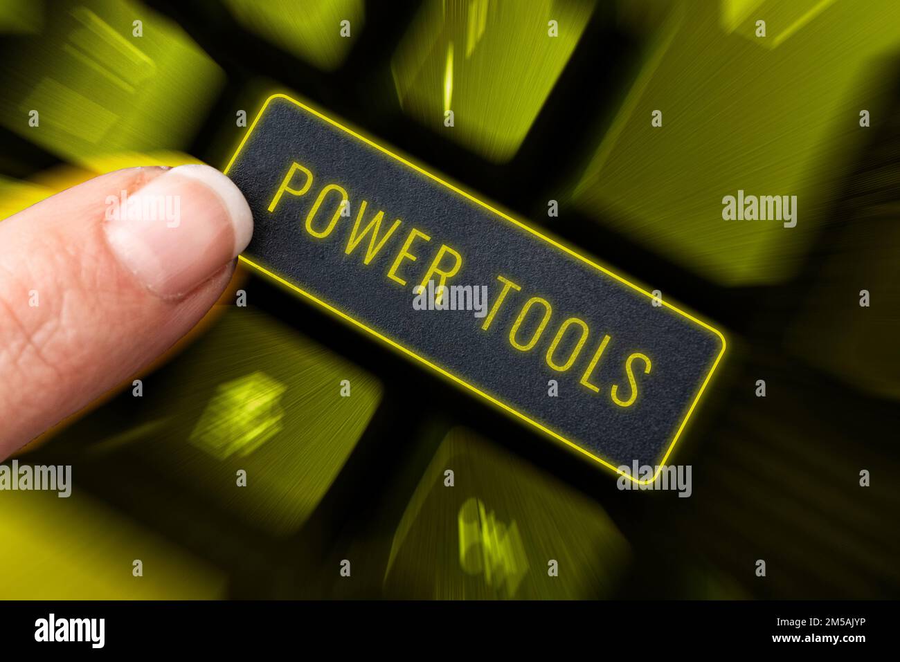 Sign displaying Power Tools, Word Written on tool that is actuated by ...