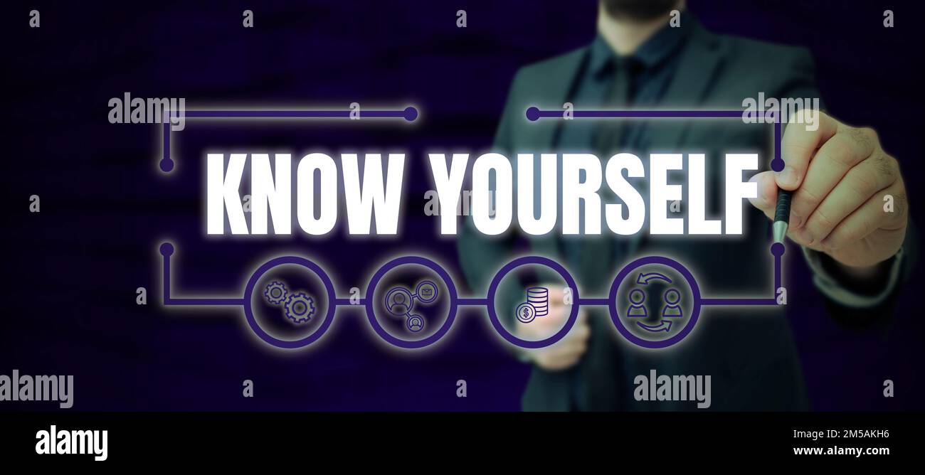Sign displaying Know Yourself. Concept meaning Find You Understanding ...