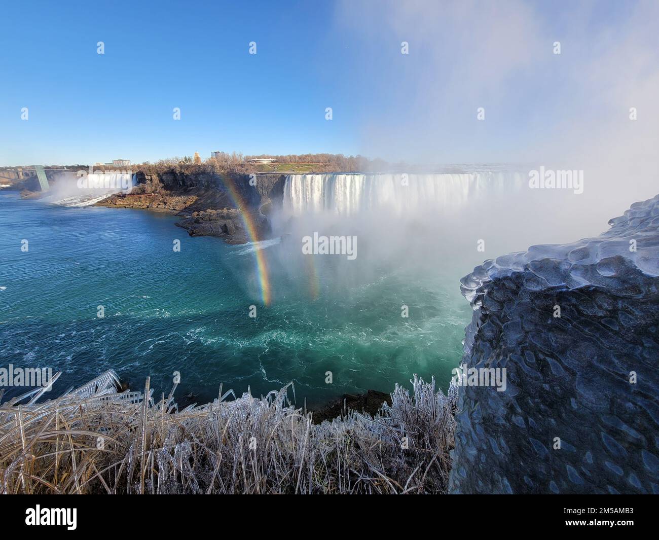 A landscape view of the Niagara Falls partly covered in ice with a ...