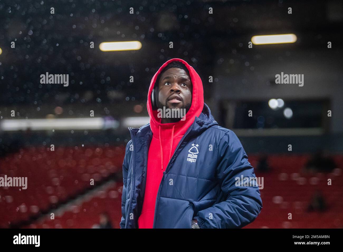 Orel Mangala #5 of Nottingham Forest checks out the Old Trafford pitch ...