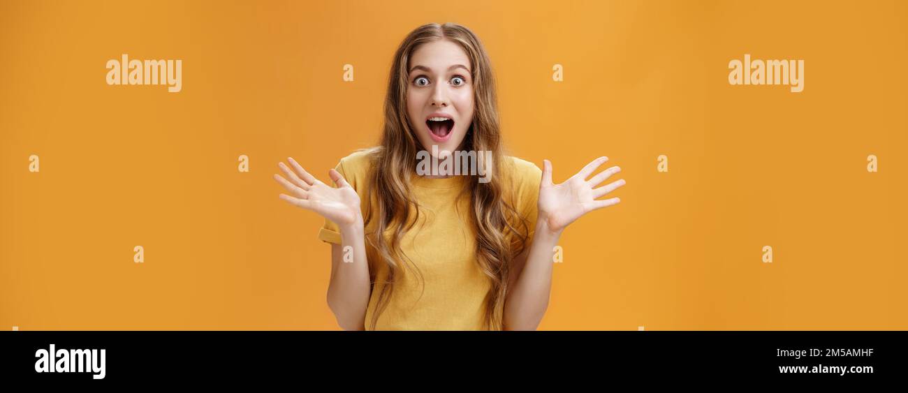Impressed excited girl describing feelings sharing positive impression ...