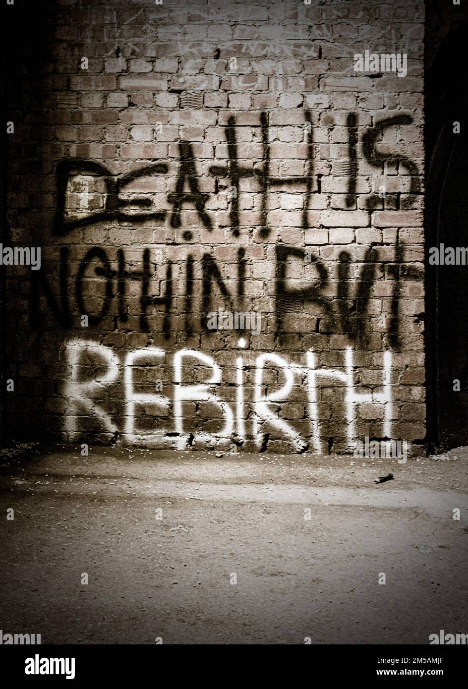 A 'Death Is Nothing But Rebirth' graffiti on a wall in abandoned World ...