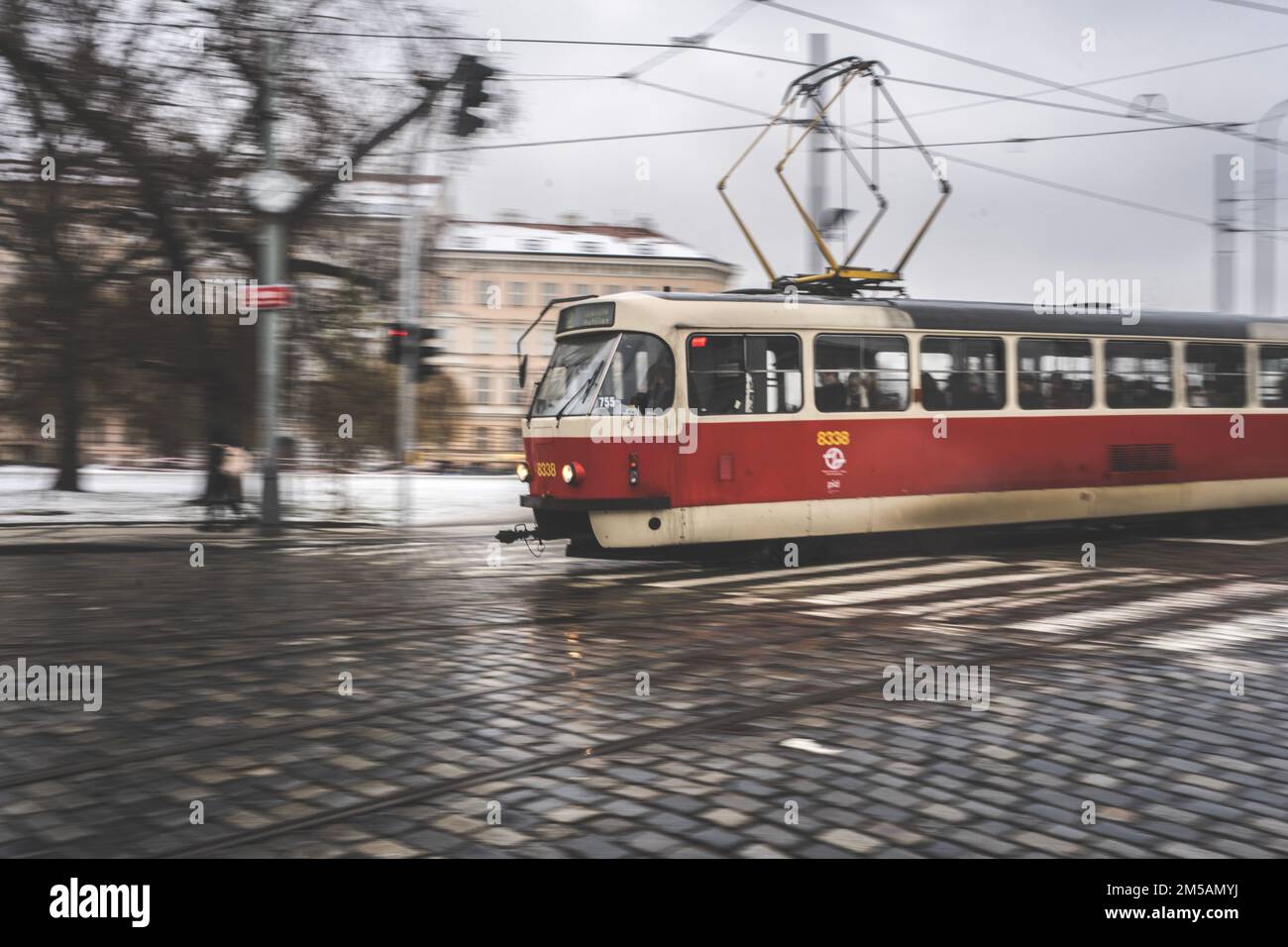 A beautiful view of a czech tram in motion in cold weather Stock Photo ...