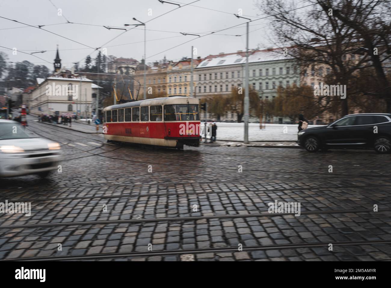 A beautiful view of a czech tram in motion in cold weather Stock Photo ...