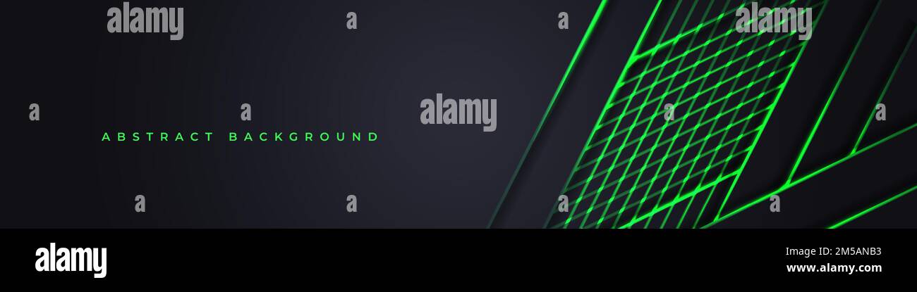 Abstract dark grey horizontal wide banner with green light lines on ...