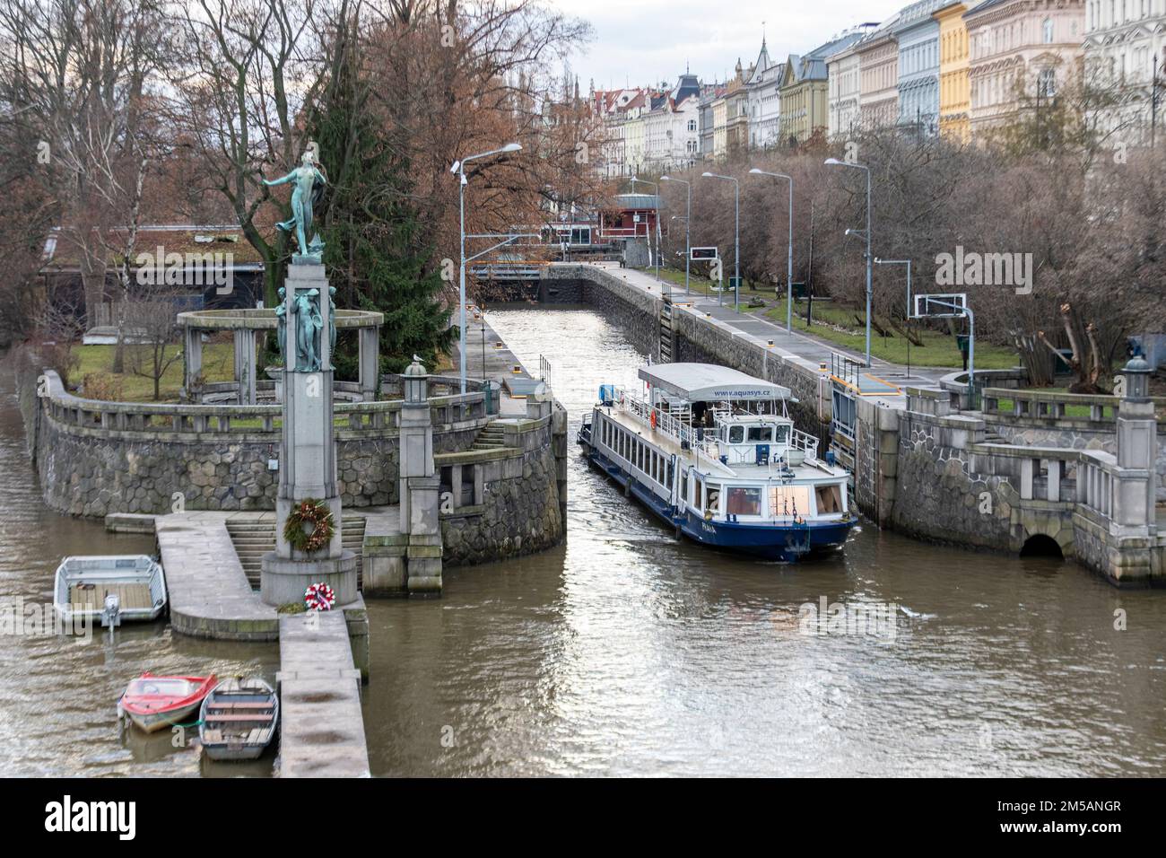 Prague, city, town, building, river Vltava, statue, floodgate, sluice ...