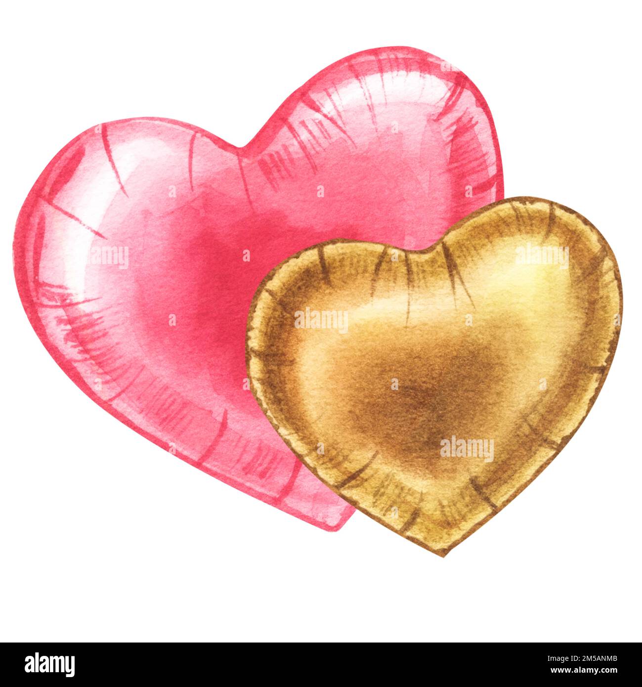 Two hearts together, pink and gold, glossy and voluminous. Foil ...