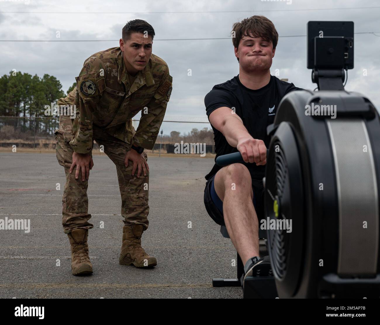 A delayed entry program member uses a rowing machine during a Tier 2 ...
