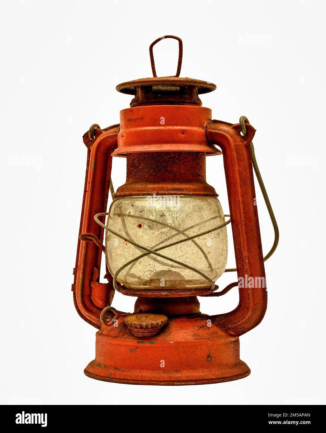 A rusty and corroded antique red lantern isolated on white with copy ...