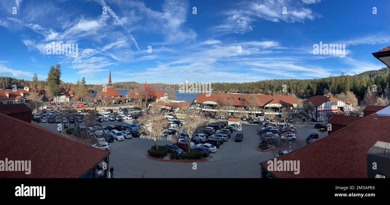 A panoramic view of many cars parling in Lake Arrowhead Village by ...
