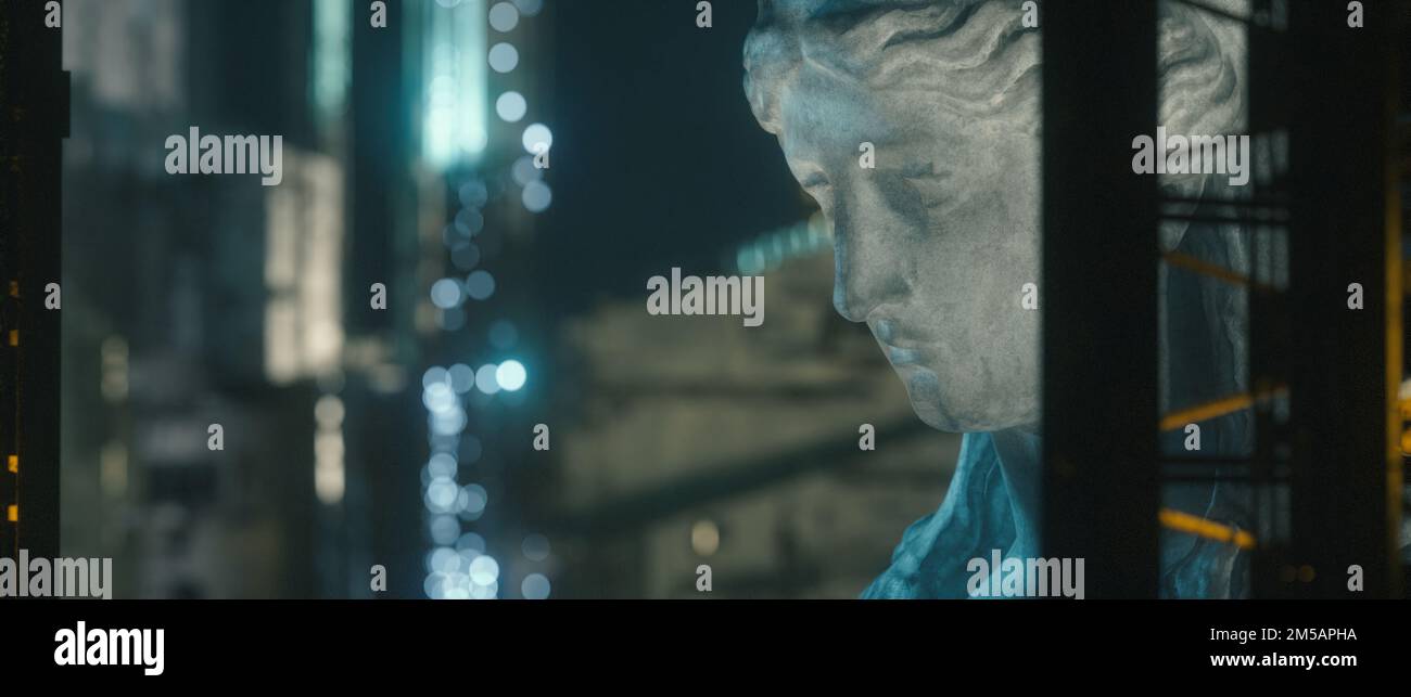A shallow focus of the head of a Roman sculpture with bokeh lights ...