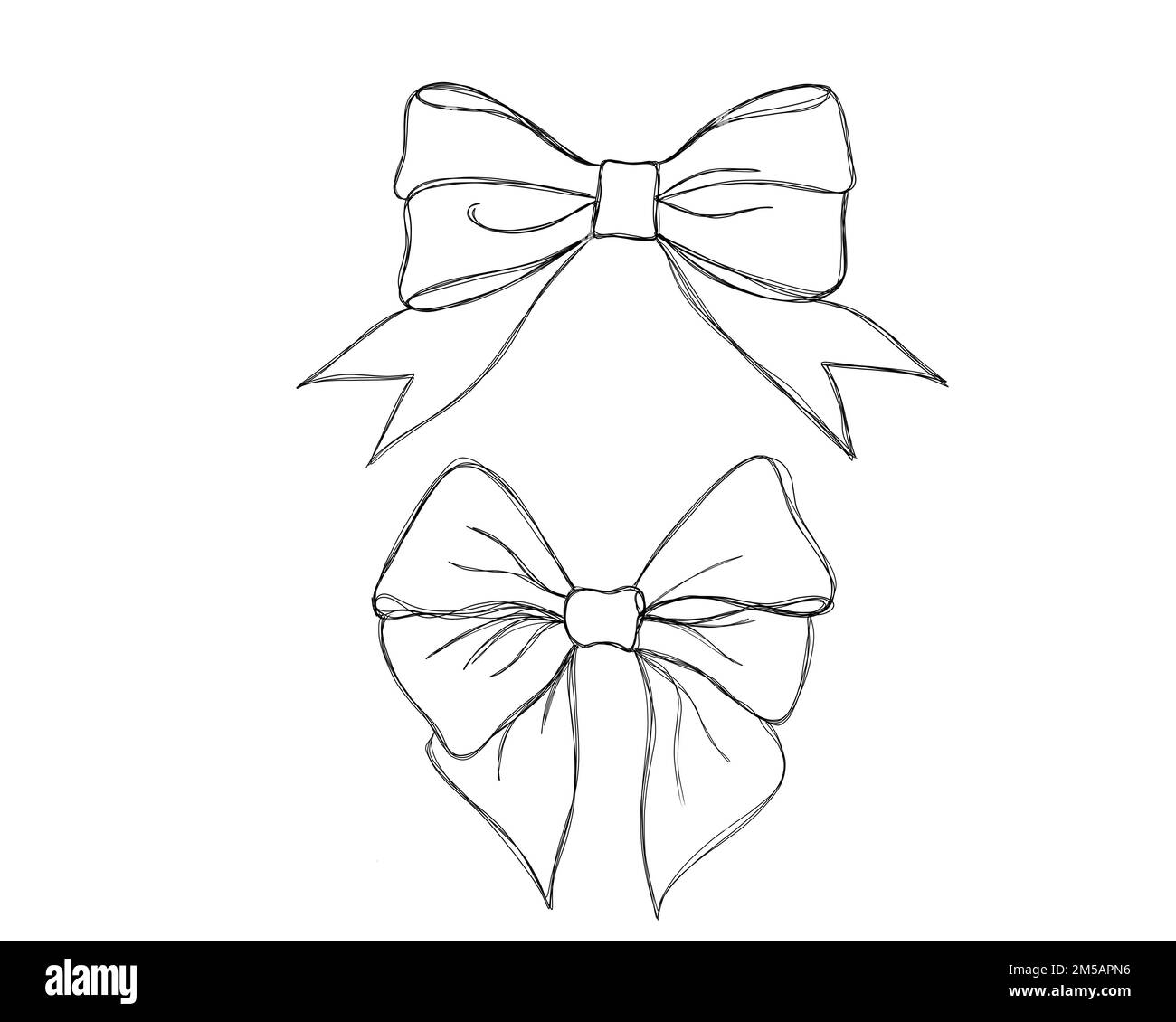 Beautiful festive bow with ribbons - line art illustration. Set art ...
