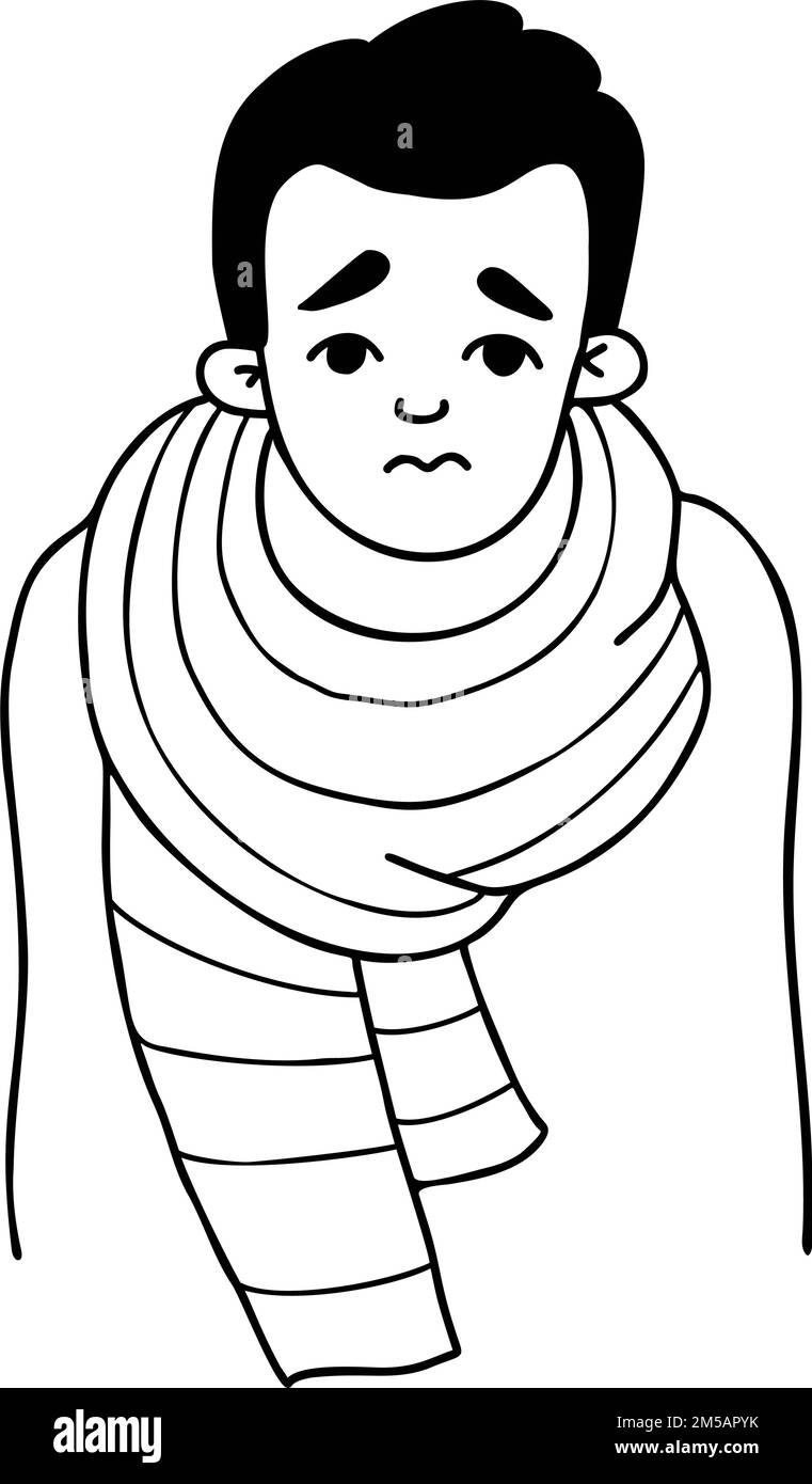 Frozen, sad sick guy, wrapped in scarf. Vector Outline illustration in ...