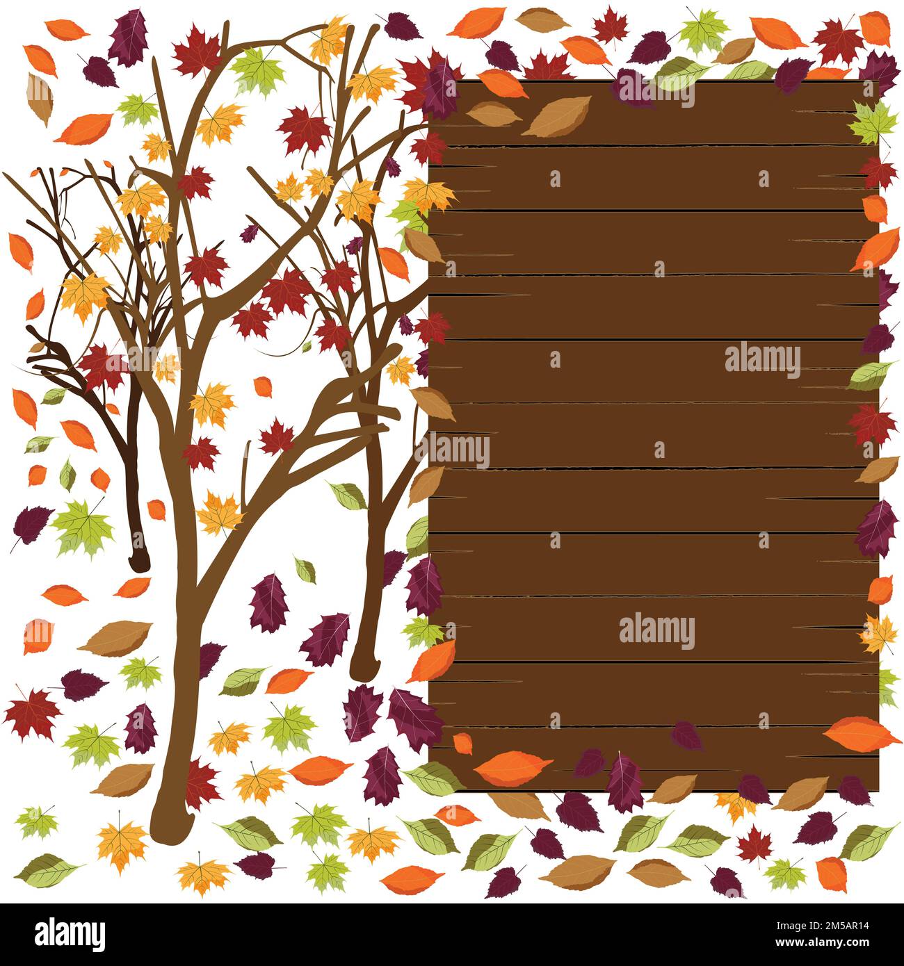 Autumn falling leaves with empty wooden sign with space for text ...