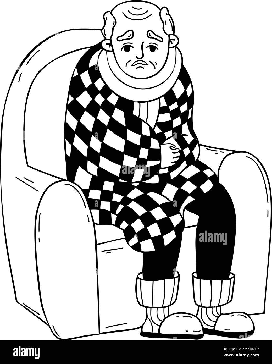 Cold, sick pensioner, an old man wrapped in blanket, sits in an ...