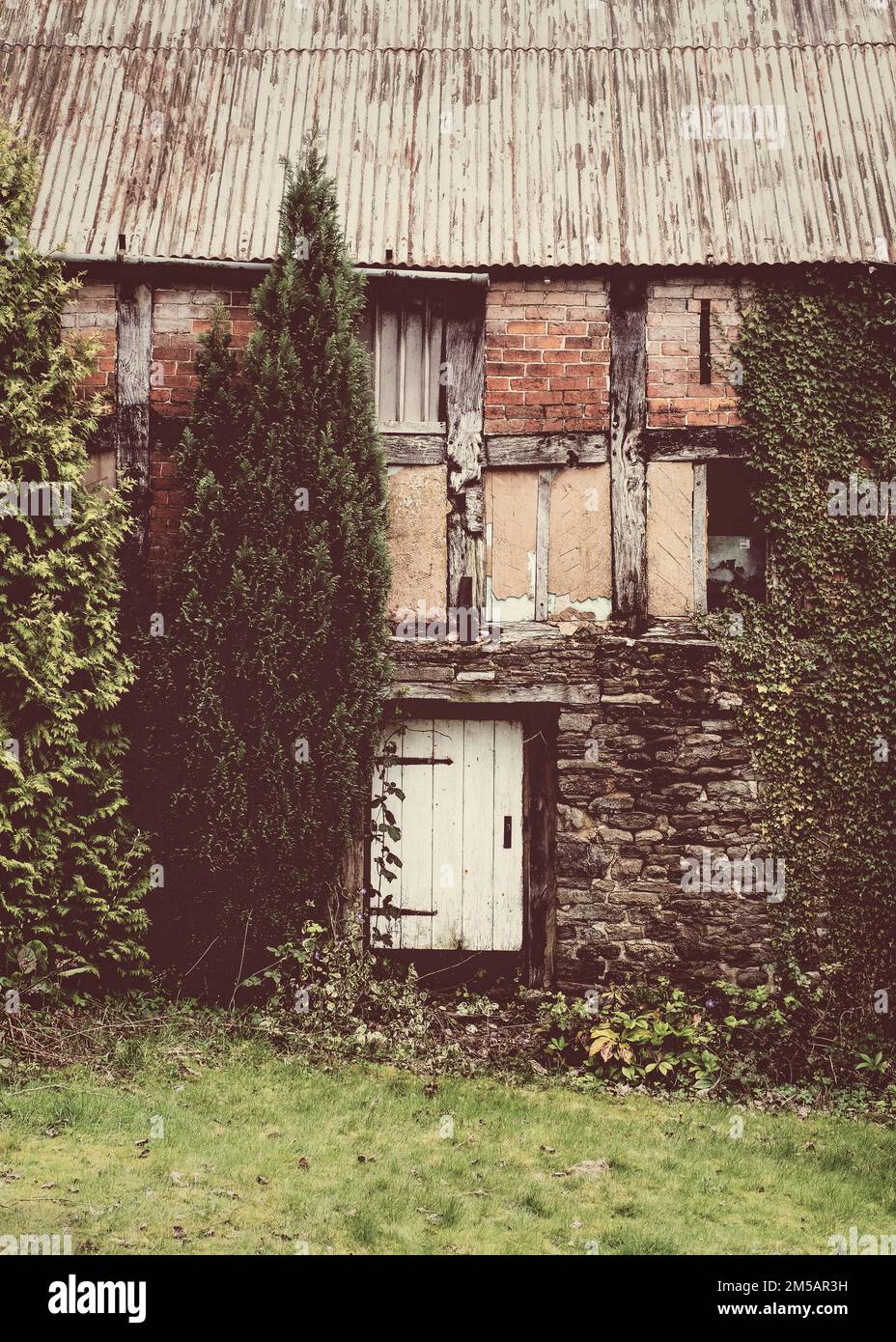 A mismatched white door of a run down barn Stock Photo - Alamy
