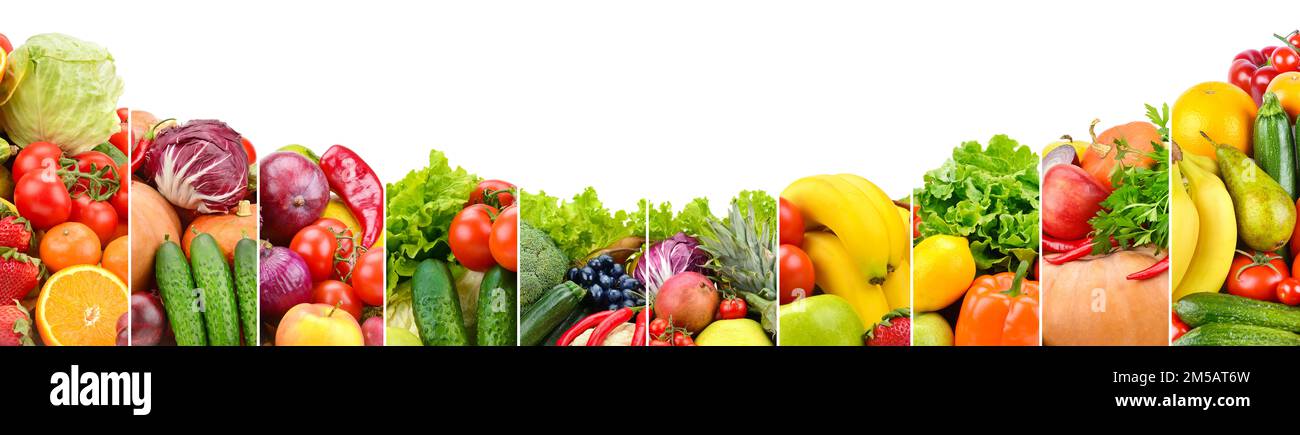 Vegetables, fruits and berries separated by vertical lines isolated on ...
