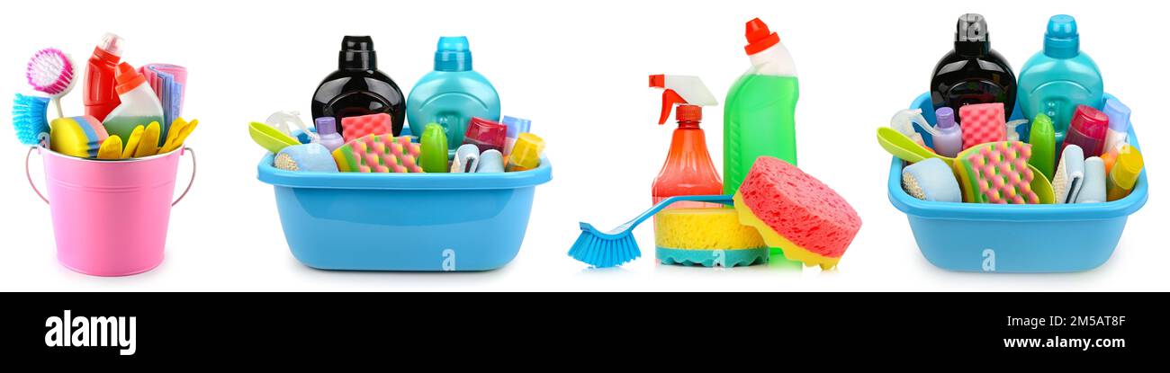 Collection household cleaning detergents isolated on white background ...