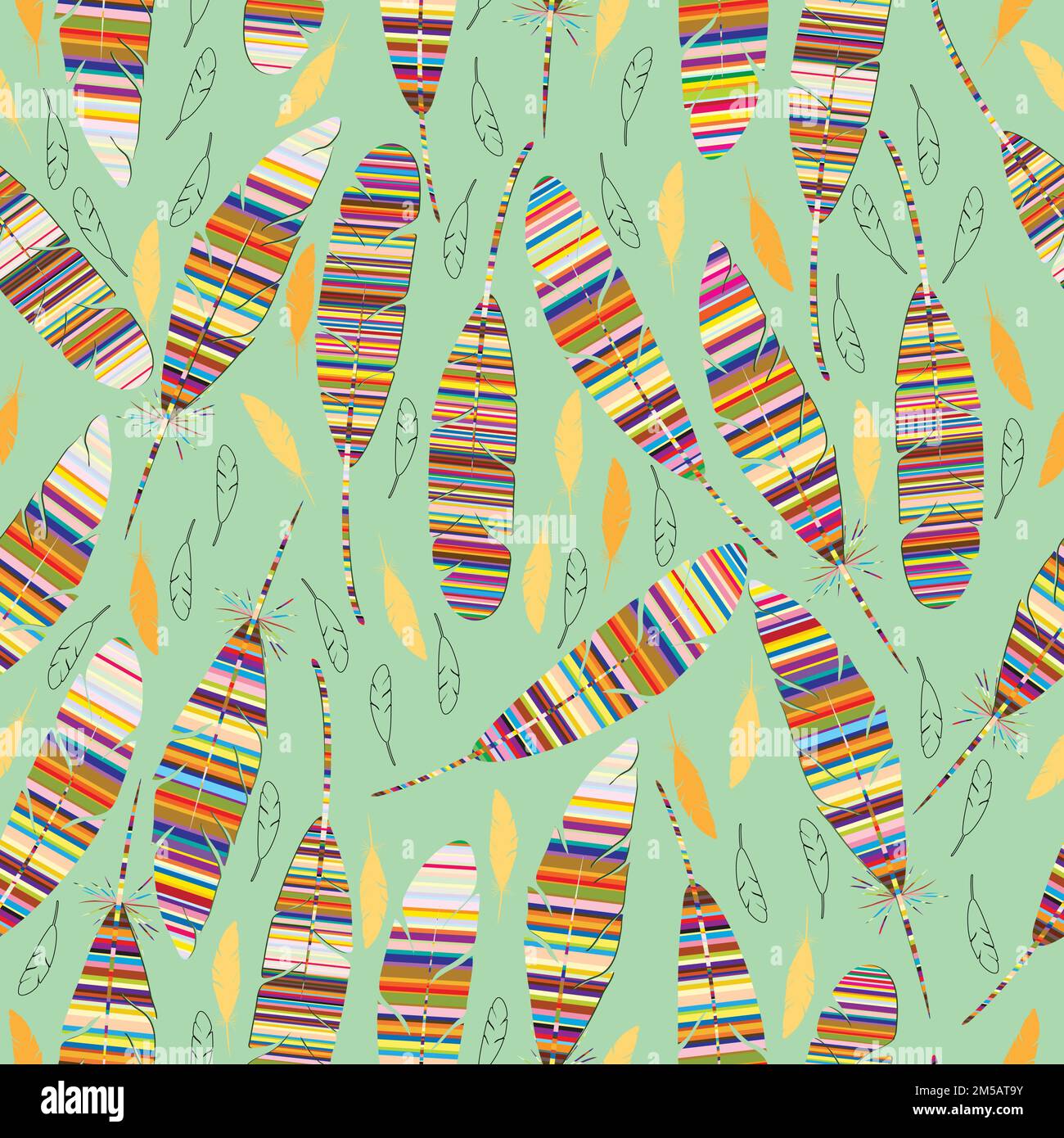 Seamless pattern vector with colorful feathers on green background ...