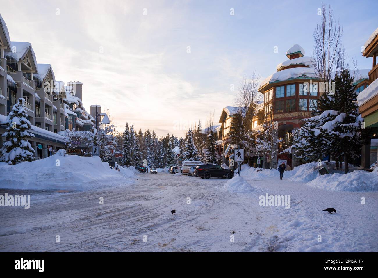 Mountain village after snowfall. Cold season, snowdrifts after a ...