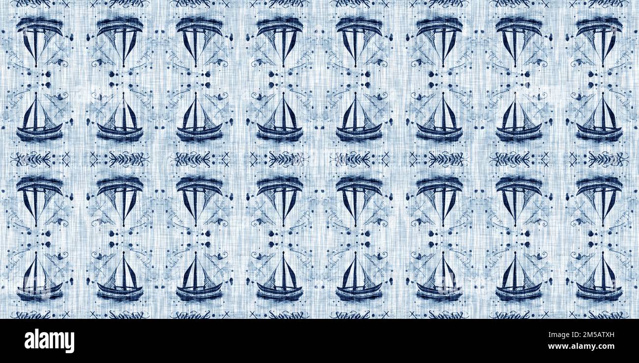 Indigo dye wash coastal damask seamless border pattern. Washed out ...