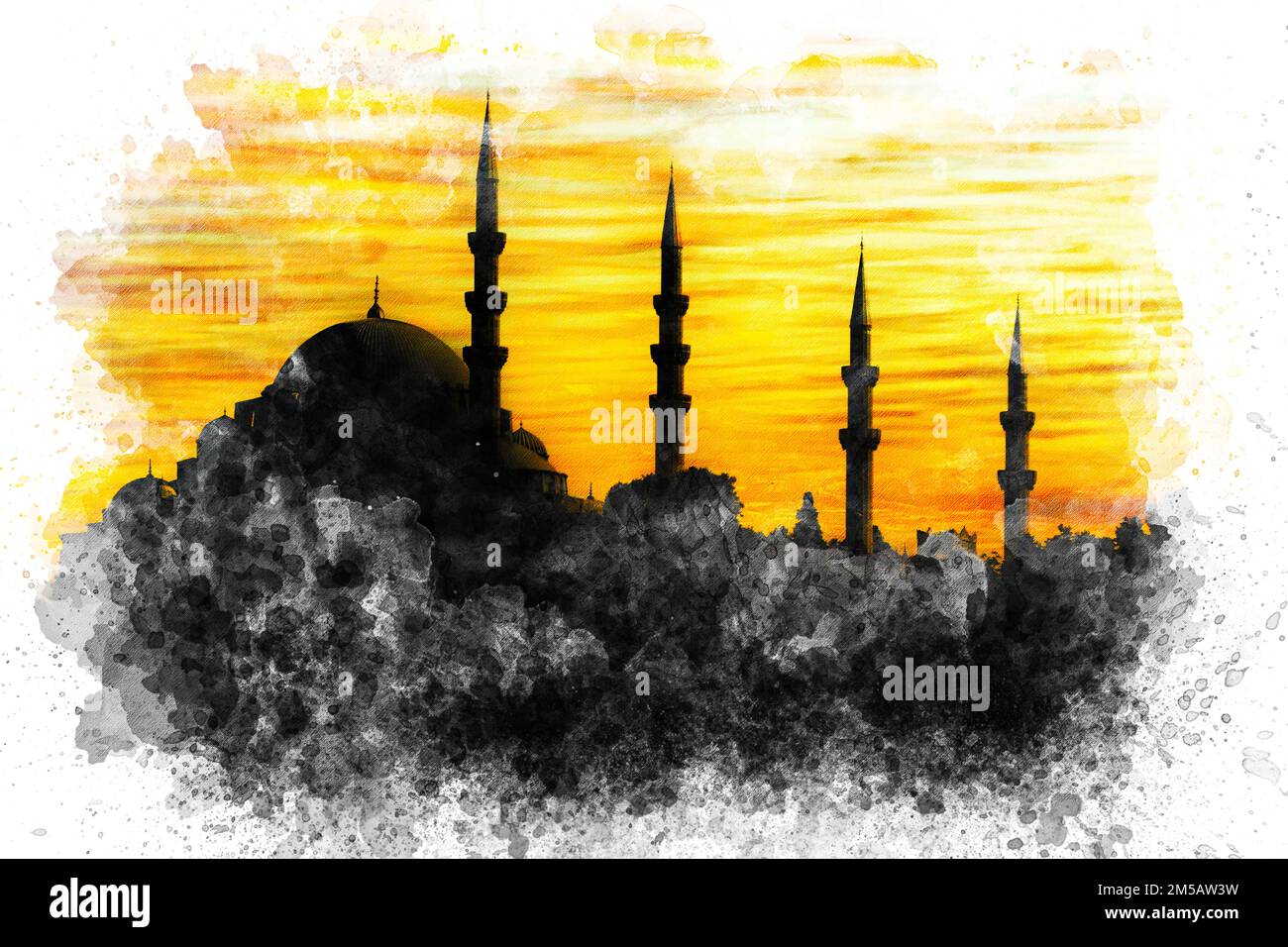 Watercolor painting of mosque. Silhouette of a mosque at sunset in ...