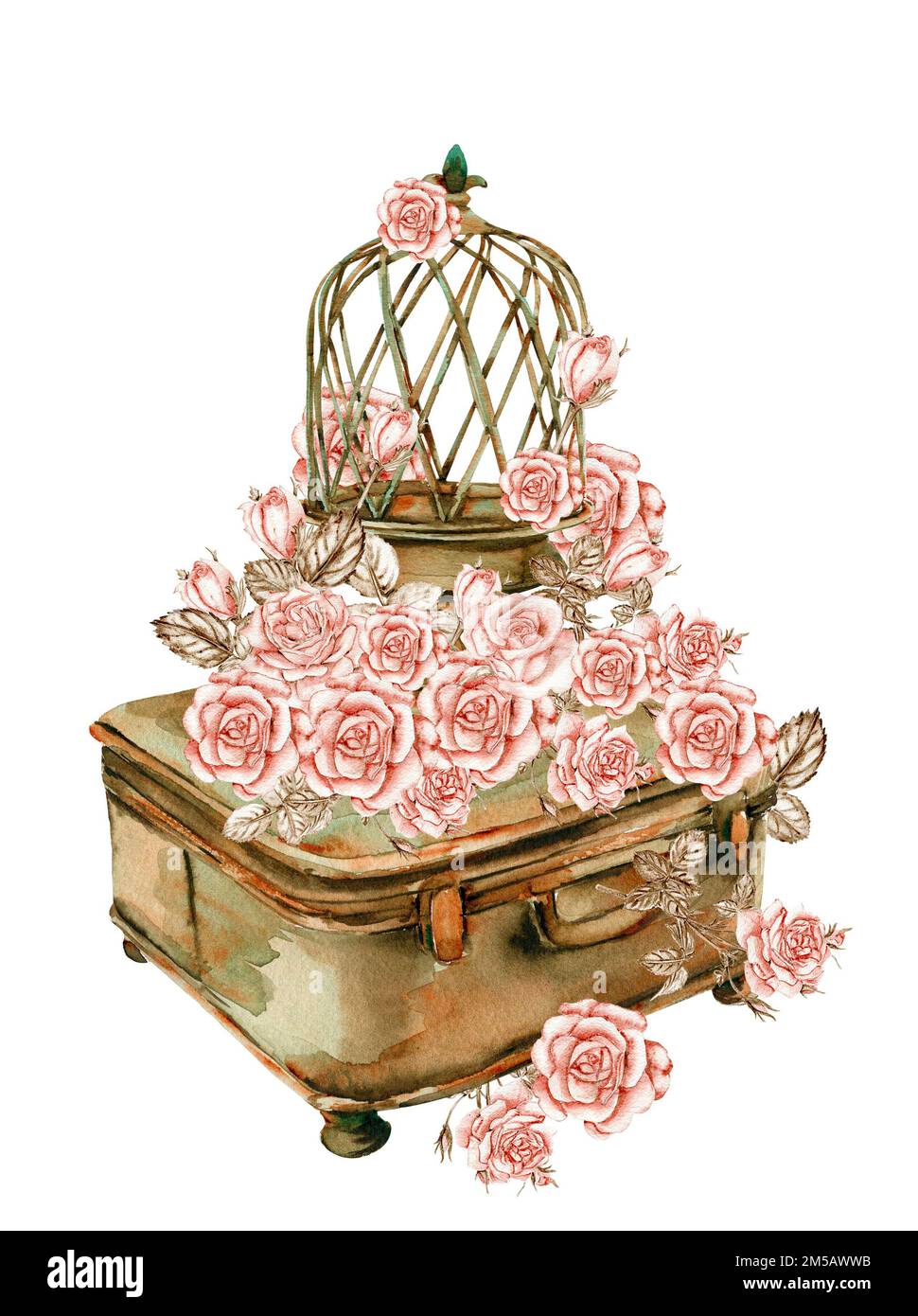 Watercolor illustration of rusty element with roses. An old rusty ...