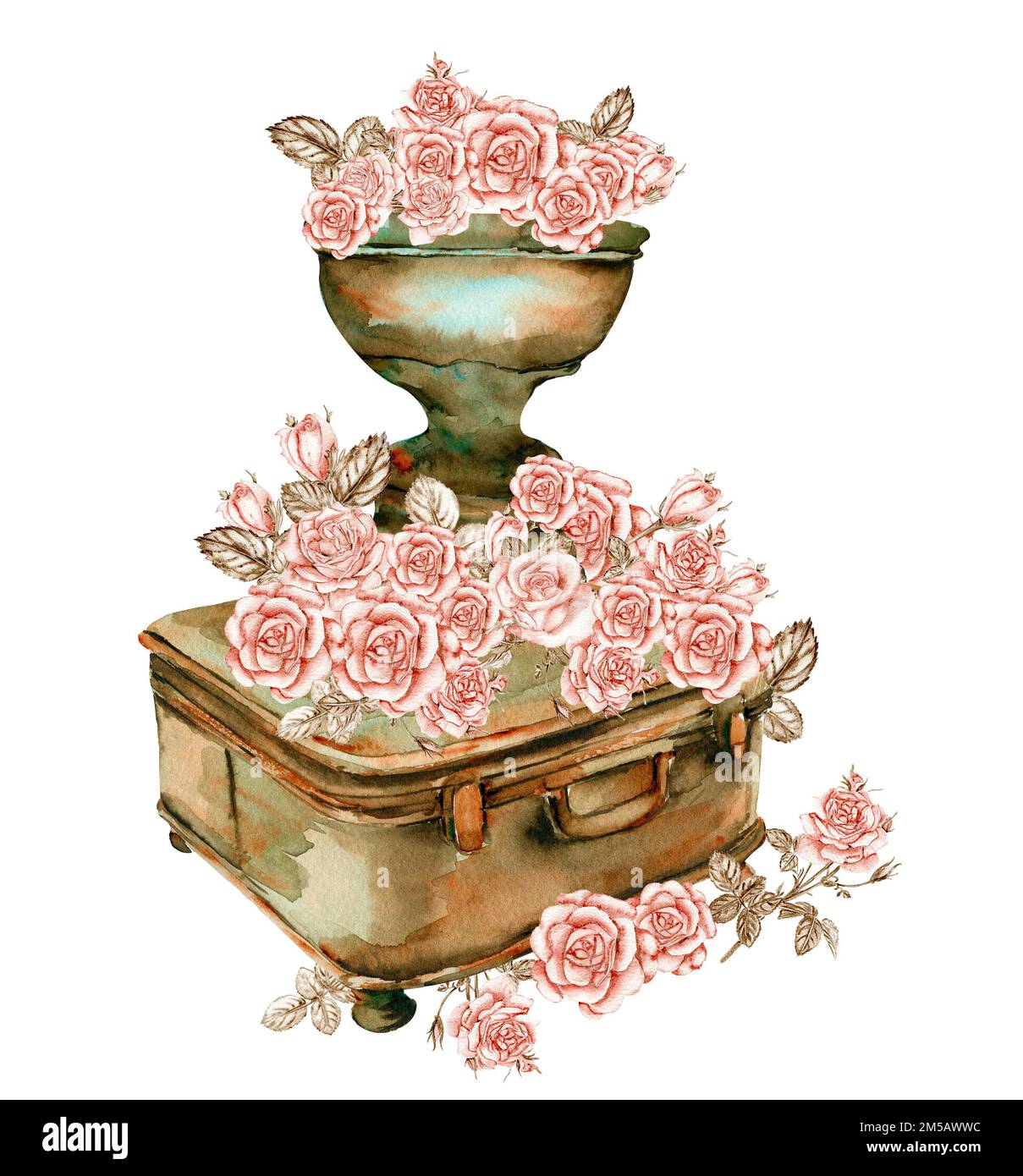 Watercolor illustration of rusty element with roses. An old rusty ...