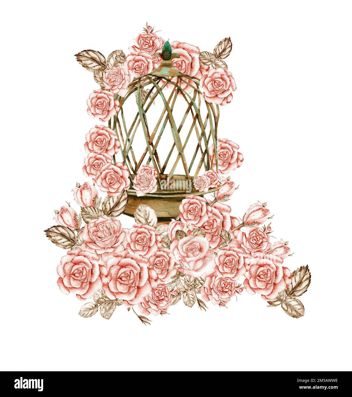 Watercolor illustration of rusty element with roses. An old rusty ...