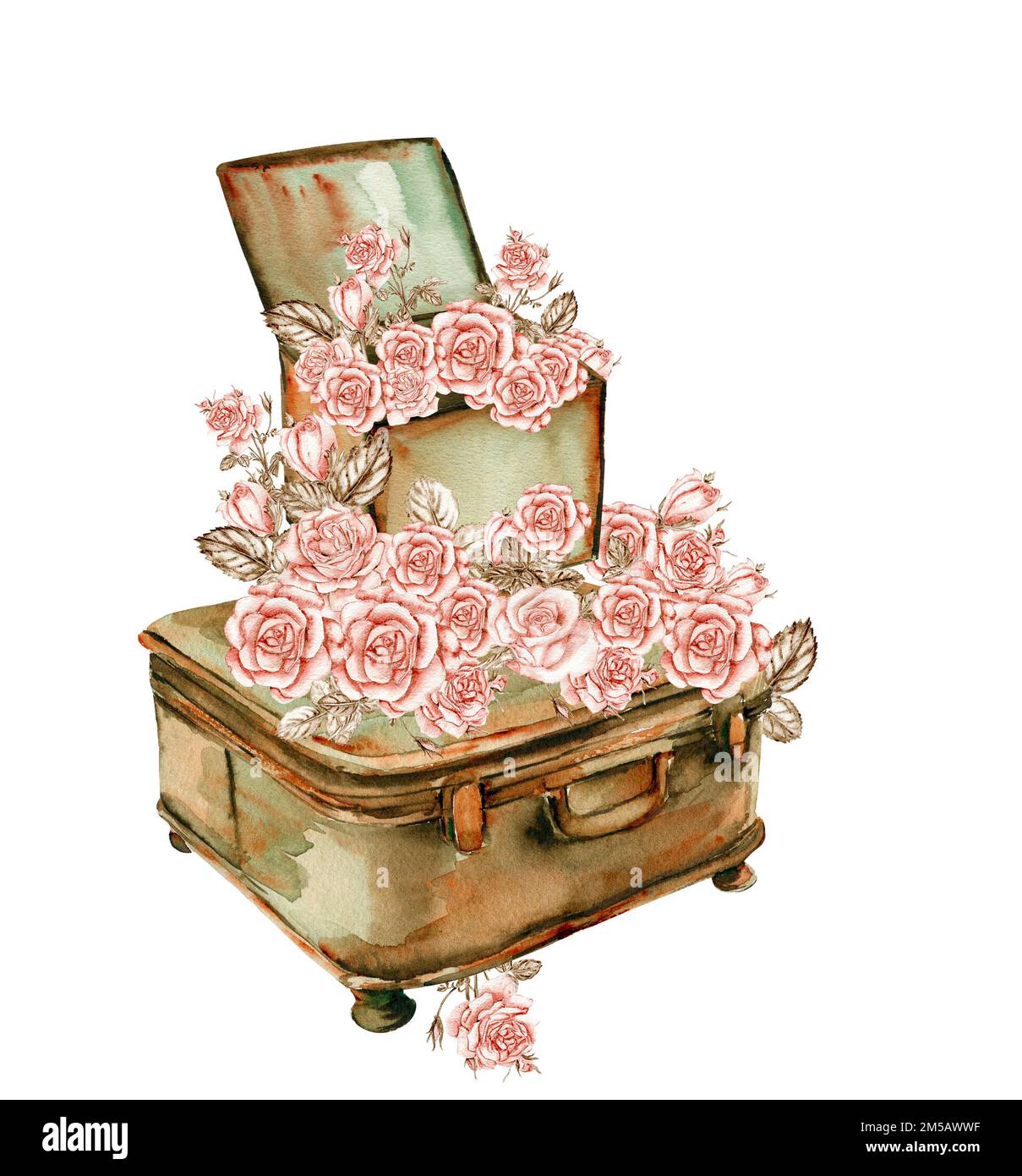 Watercolor illustration of rusty element with roses. An old rusty ...