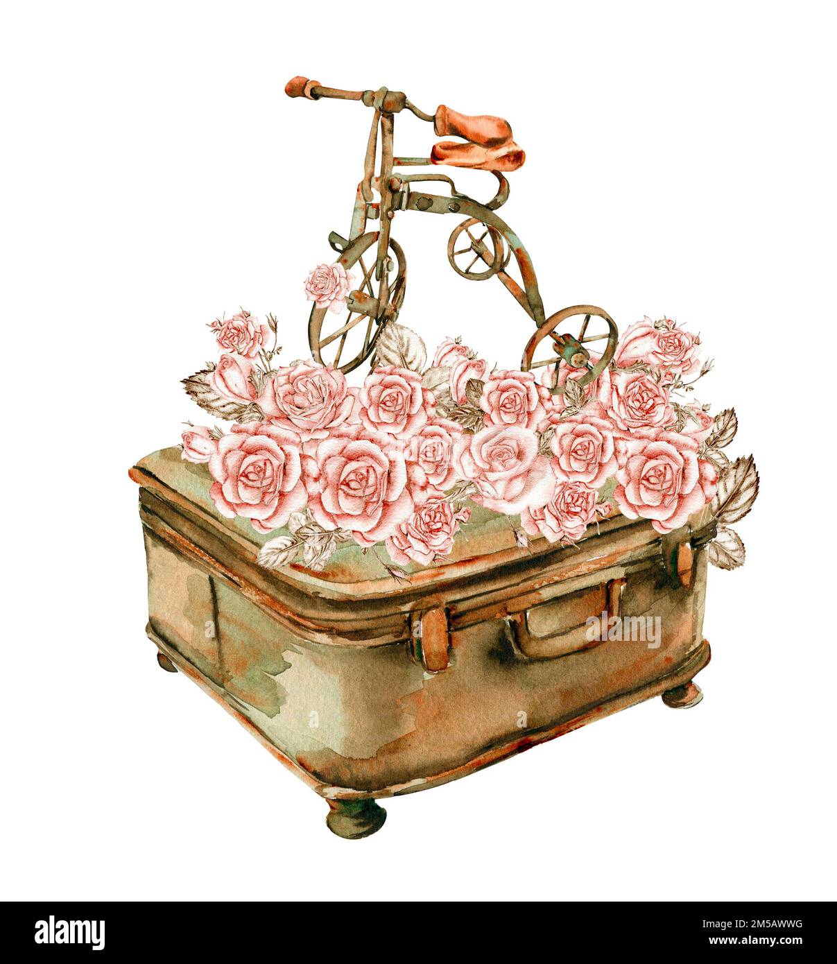 Watercolor illustration of rusty element with roses. An old rusty ...