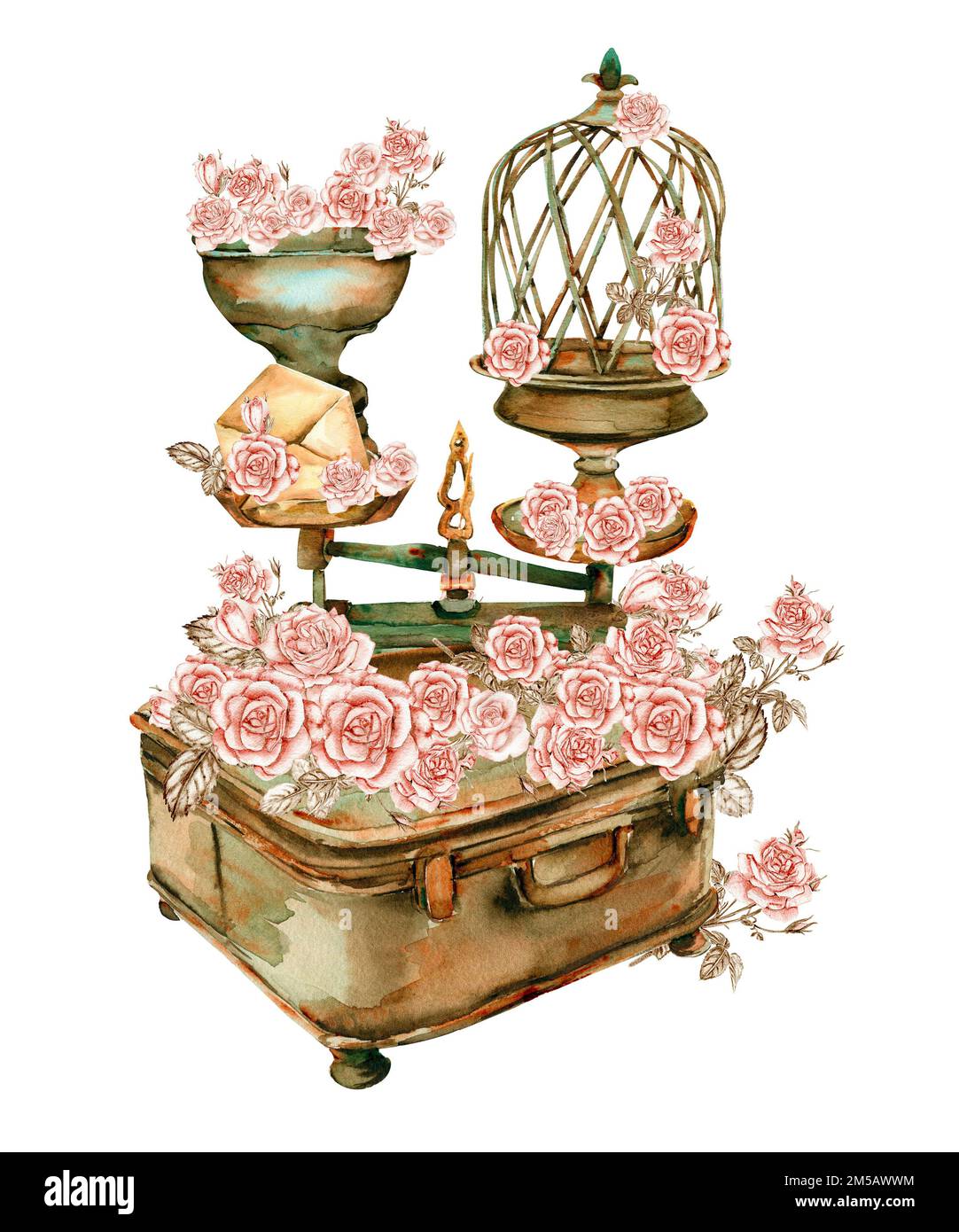 Watercolor illustration of rusty element with roses. An old rusty ...