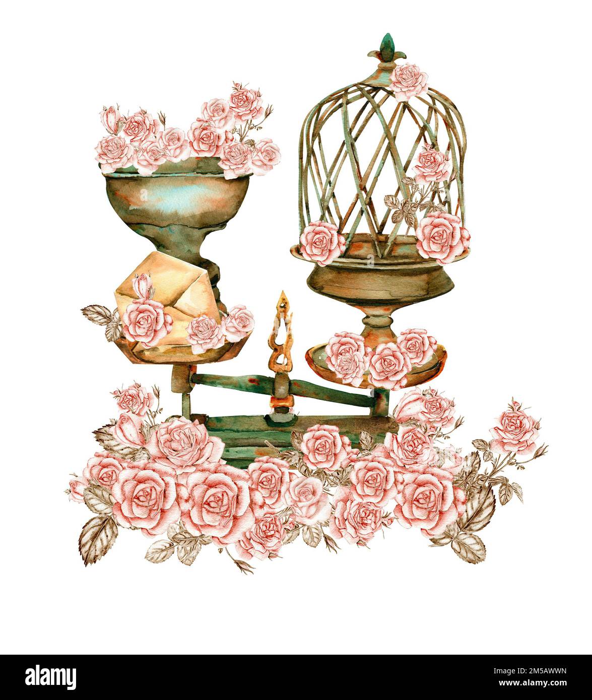 Watercolor illustration of rusty element with roses. An old rusty ...