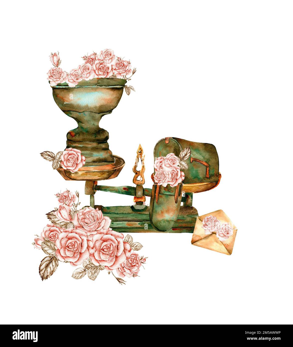 Watercolor illustration of rusty element with roses. An old rusty ...