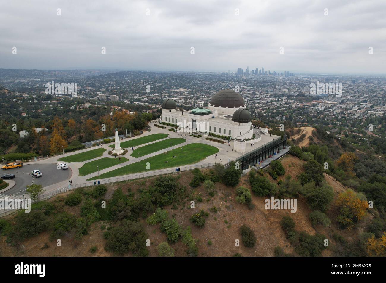 An aerial shot of the Griffith Observatory with the view of the Los ...