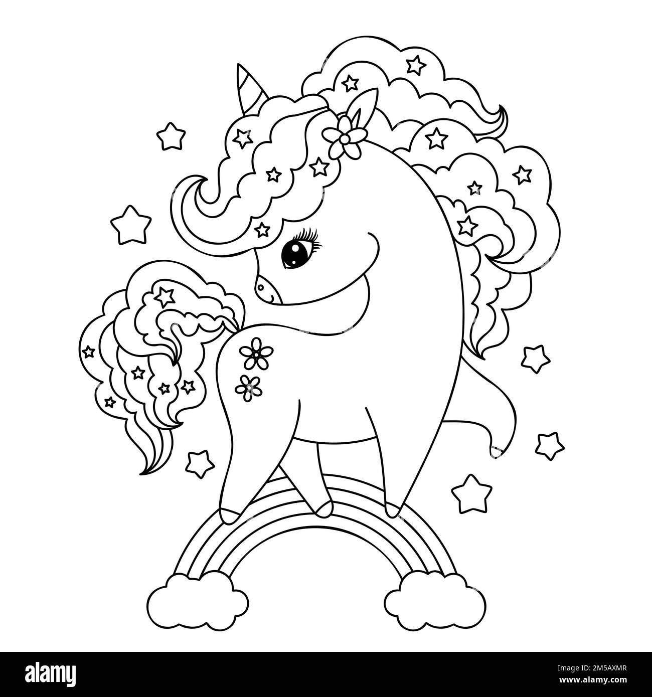 Unicorn on the rainbow. Black and white linear illustration. For dnt ...