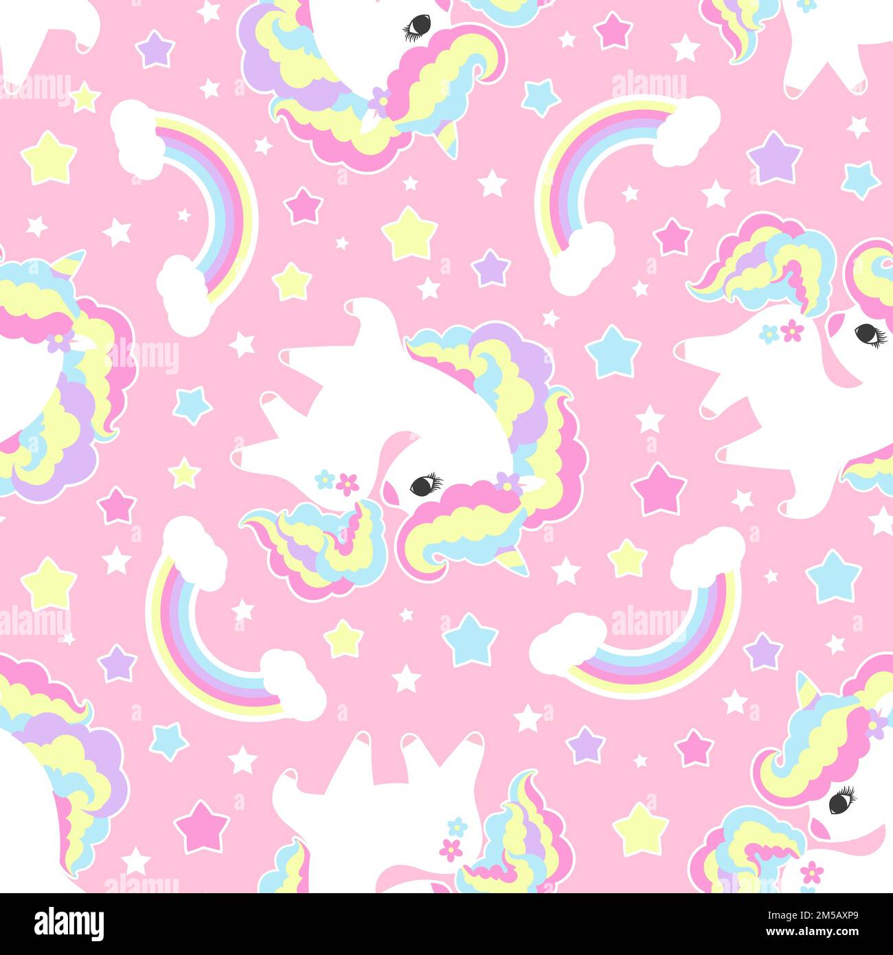 Seamless pattern with unicorns and rainbows on a pink background. For ...