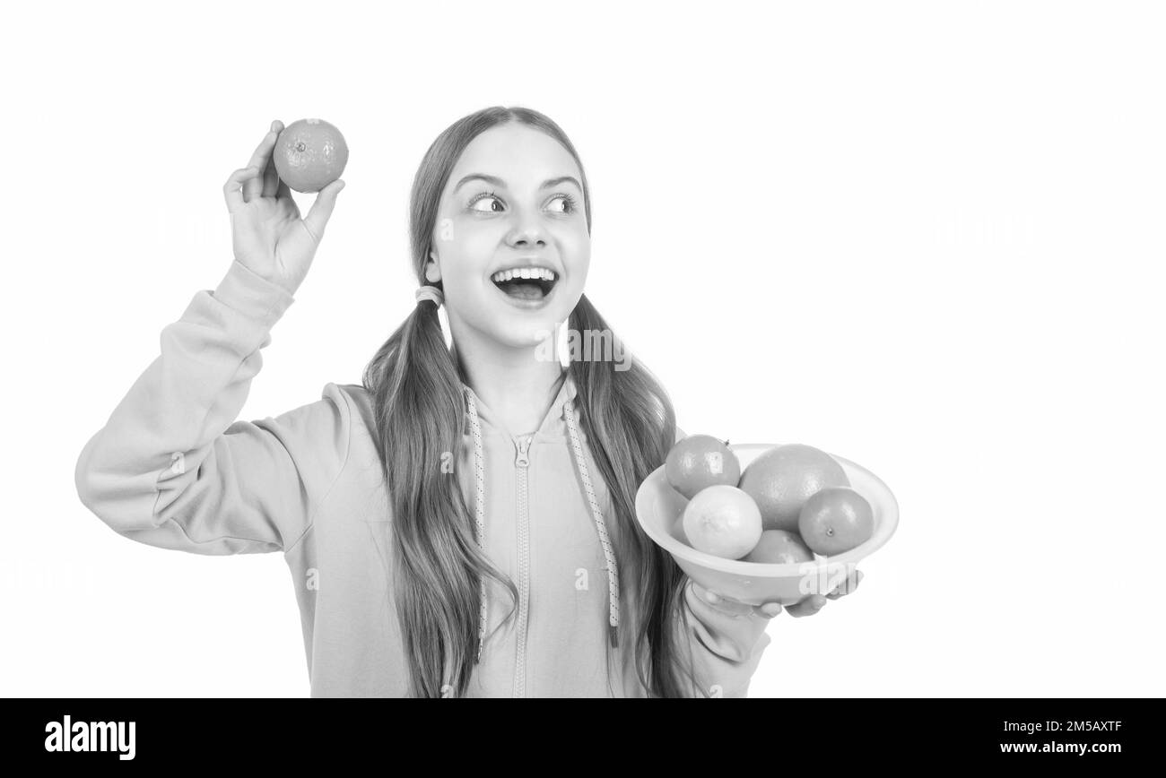having fun. diet and kid skin beauty. happy teen girl with citrus fruit ...