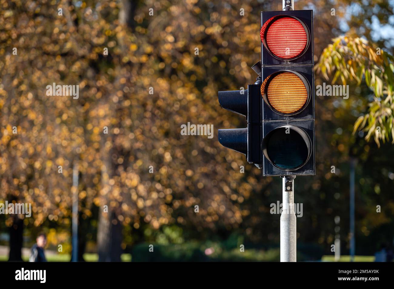 Red and orange traffic light in semaphore close-up. Bright colored autumn background Stock Photo ...