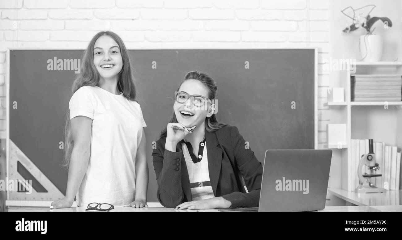 back to school. childhood education online. happy pupil and smiling ...