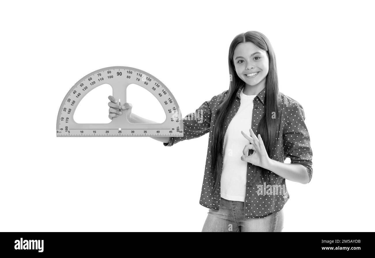 happy kid hold protractor study trigonometry at school isolated on ...
